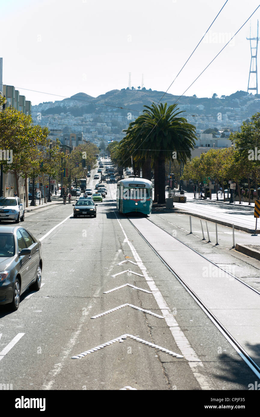 Street scene including a San Francisco F line streetcar looking towards ...