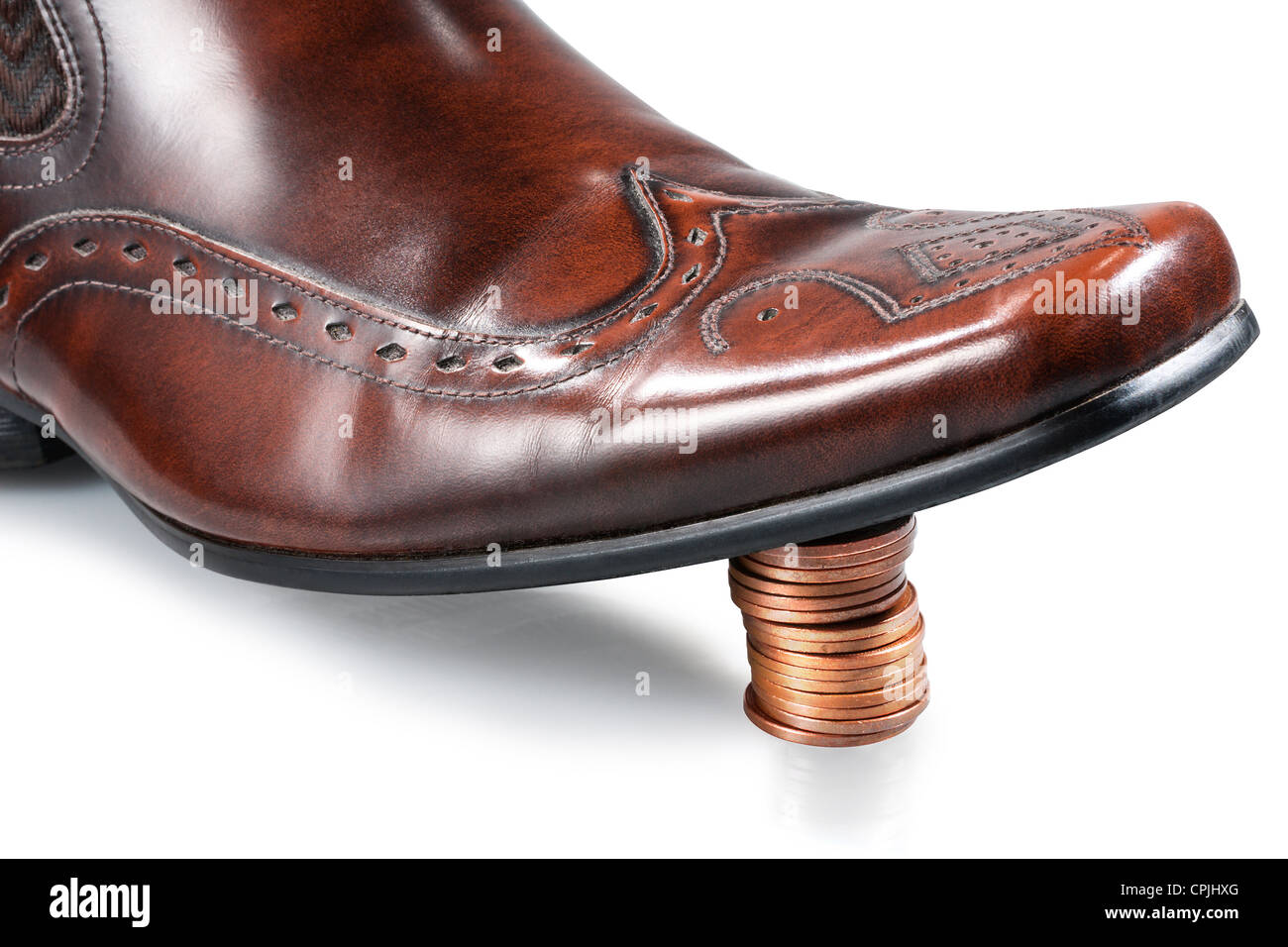 Shiny businessman shoe, step on the stack of coins - top view. Isolated ...