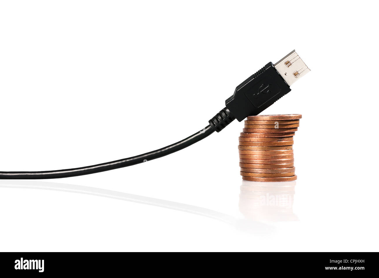 USB cable in the shape of the graph, supported by stack of coins Stock ...