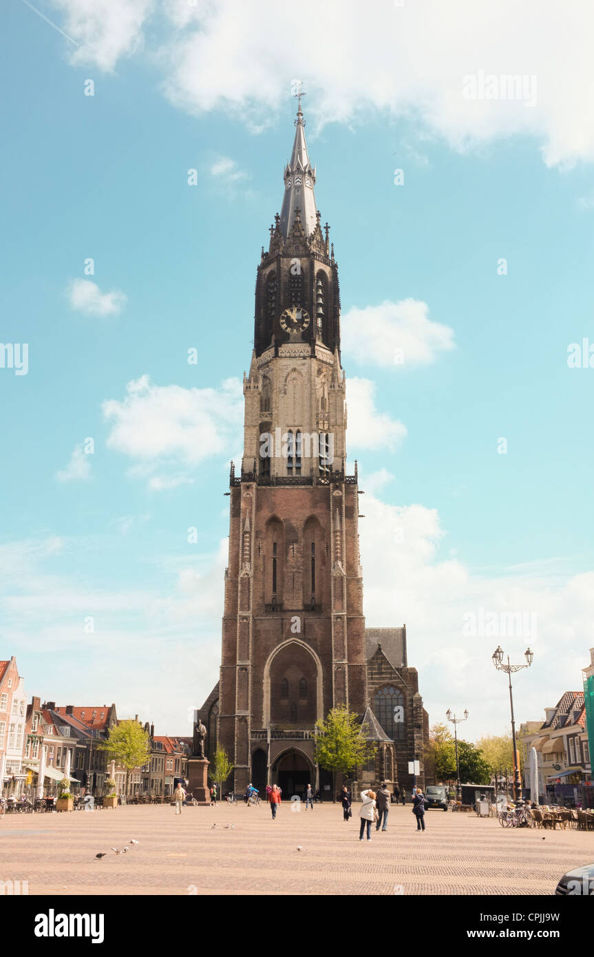 Church spire with clock in market square in Delft Netherlands Stock ...