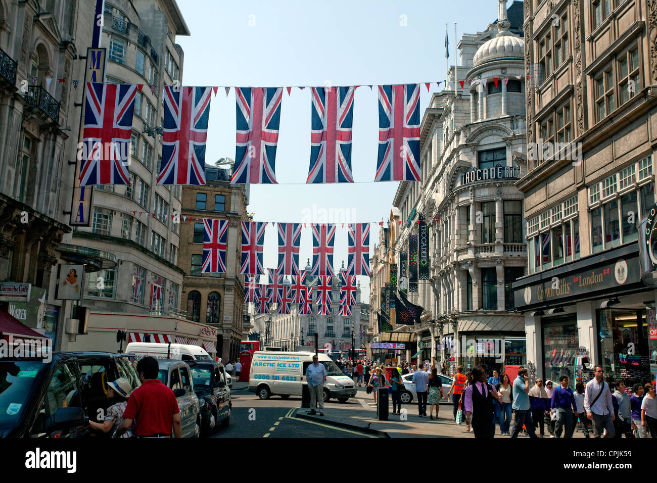 Union Jack bunting between Leicester Square & Piccadilly Circus, London ...