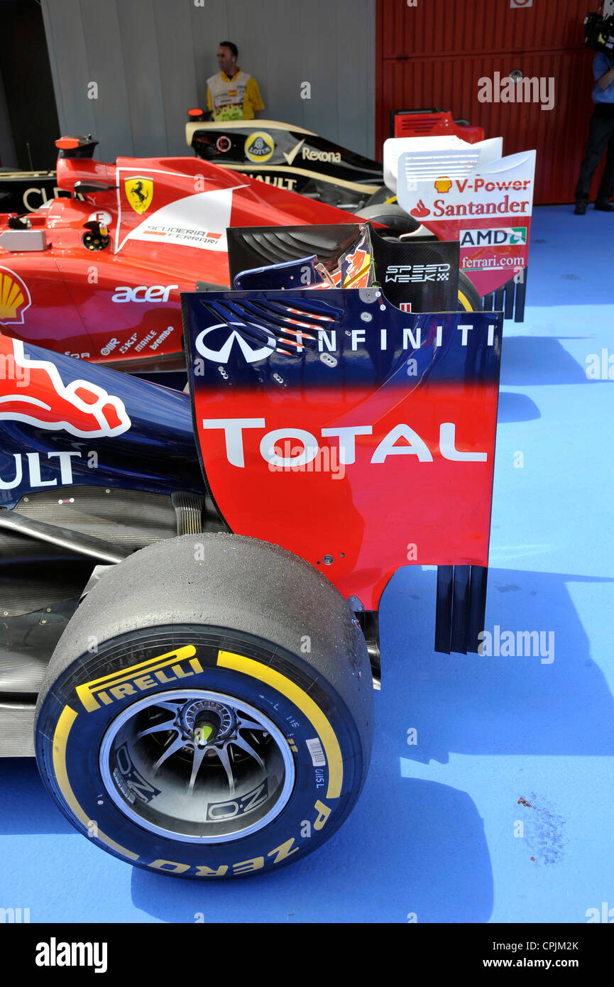 back wings of Red Bull, Ferrari and Lotus race cars Stock Photo - Alamy