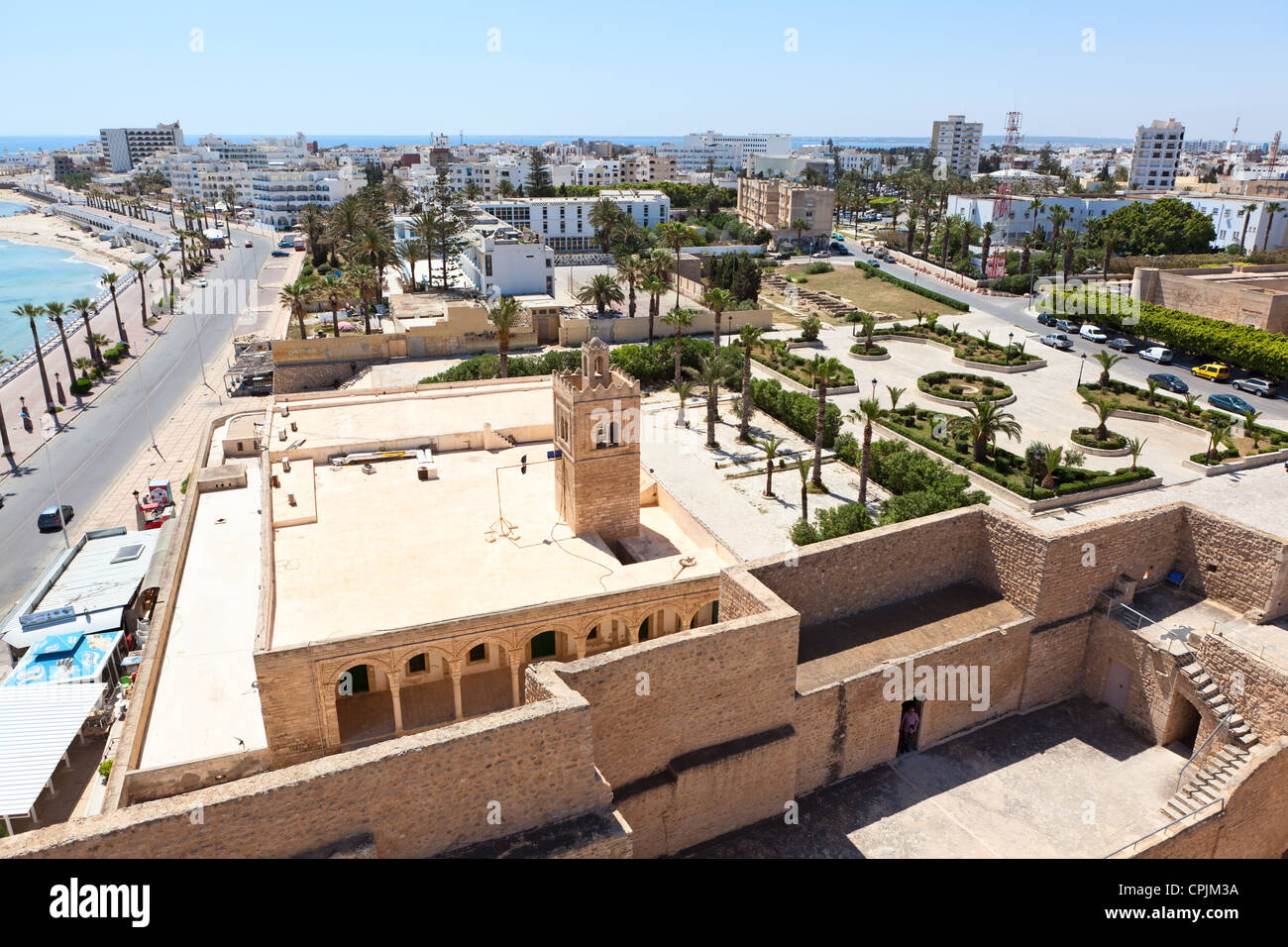 Aerial view of streets at Monastir city, Tunisia. Mosque with minaret ...