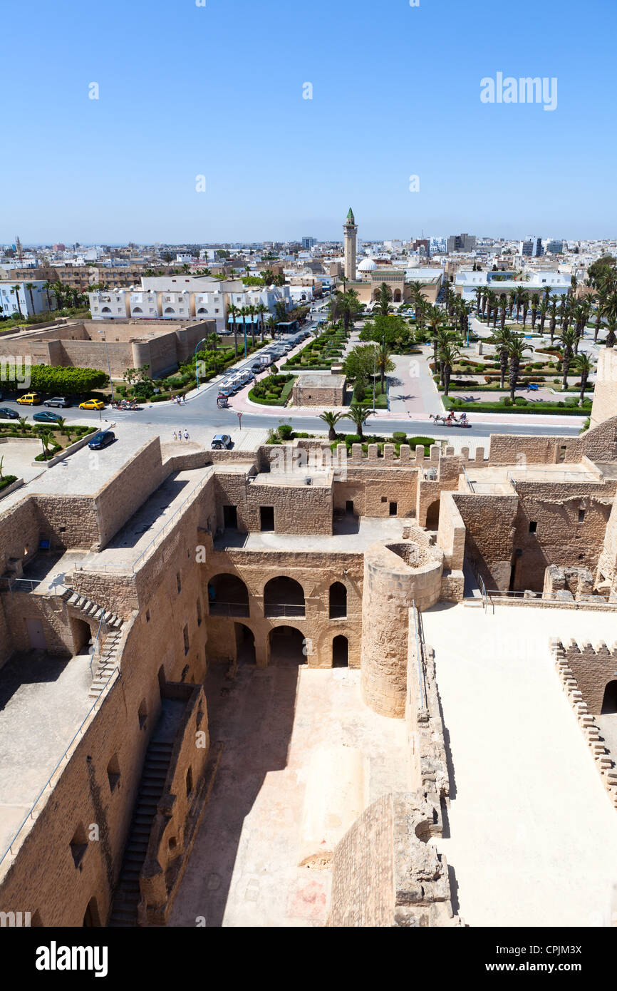 Aerial view of streets at Monastir city, Tunisia. Minaret of mosque and ...