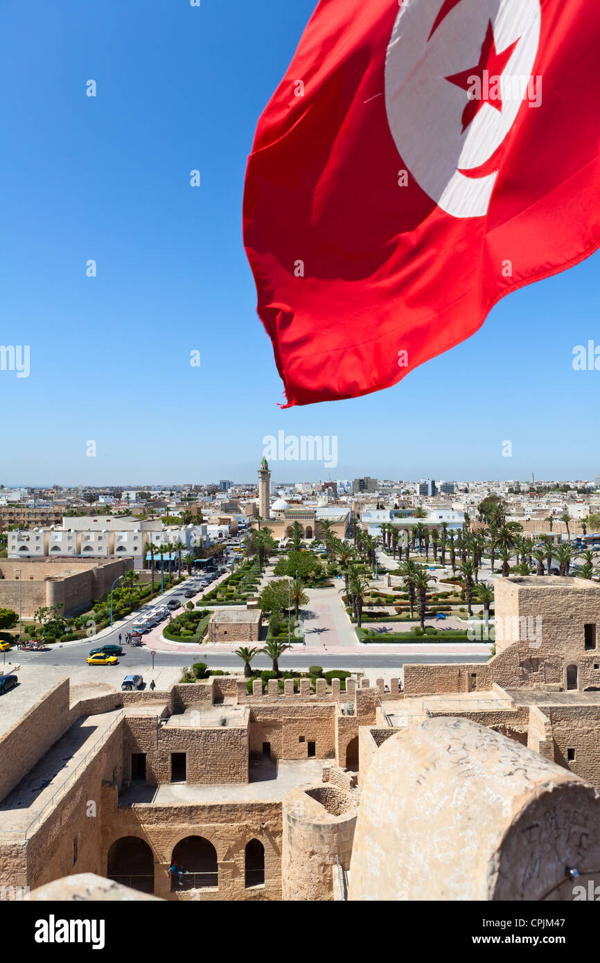 Aerial view of streets at Monastir city, Tunisia. Minaret of mosque and ...