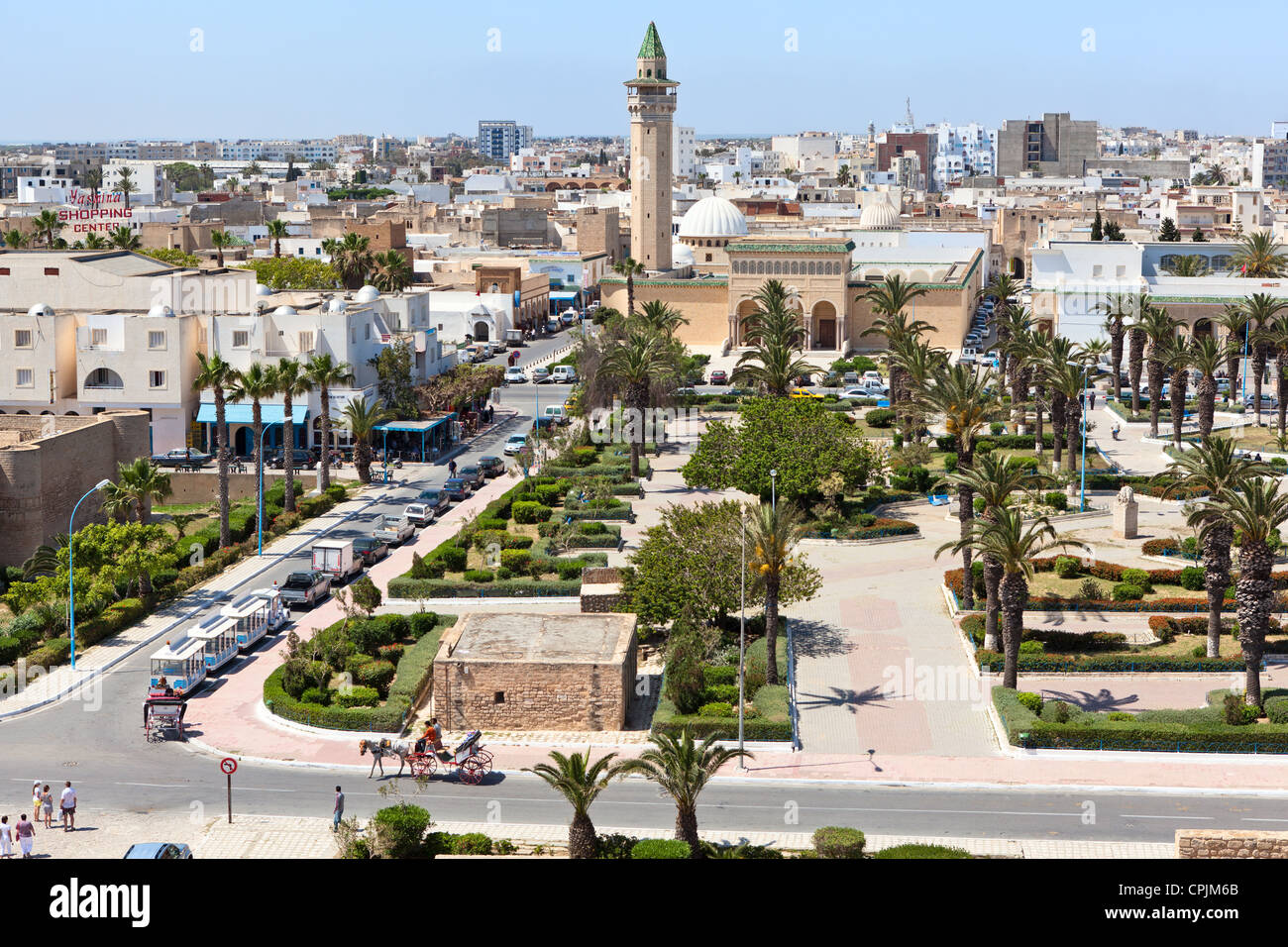 Aerial view of streets at Monastir city, Tunisia. Minaret of mosque ...