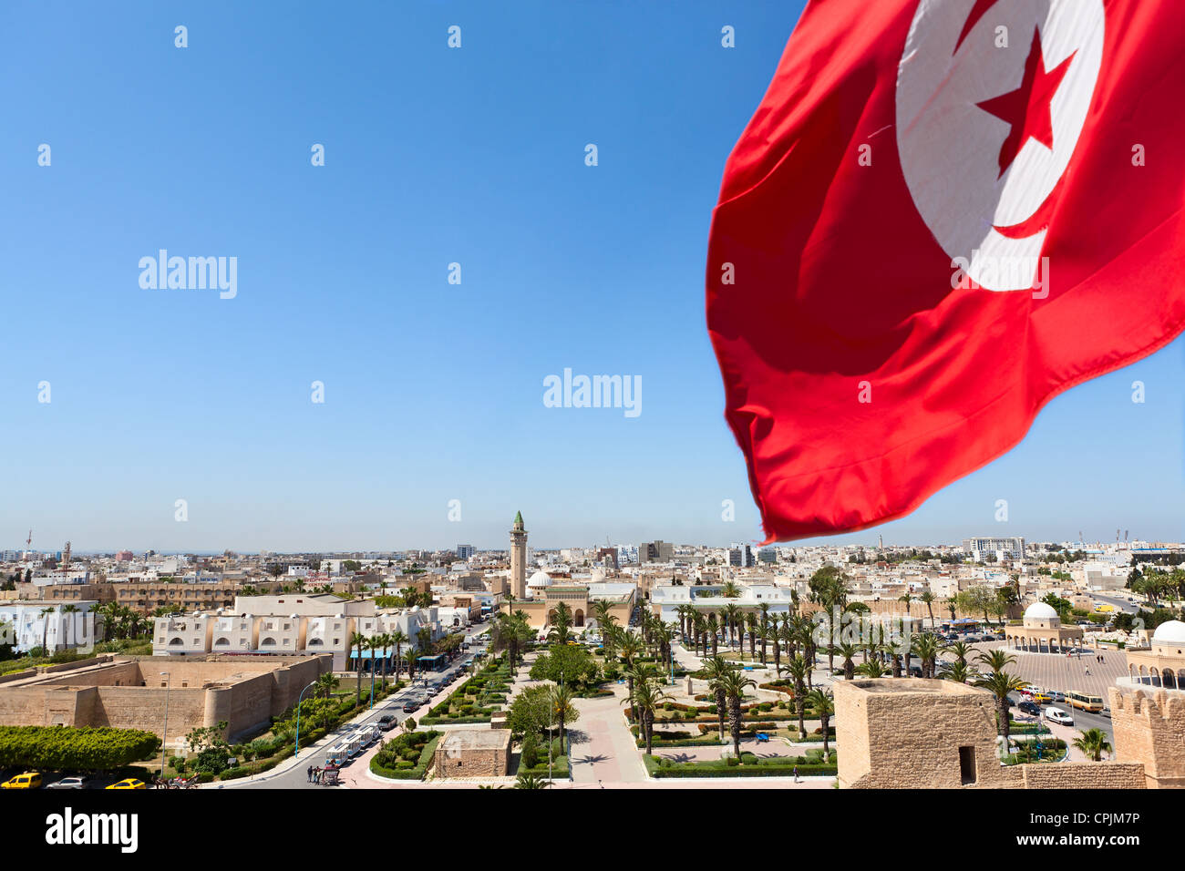 Aerial view of streets at Monastir city, Tunisia. Minaret of mosque and ...