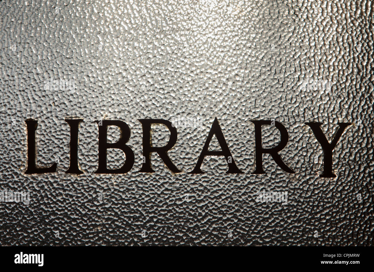 A Library sign on a bubble glass window at University of Birmingham, UK ...