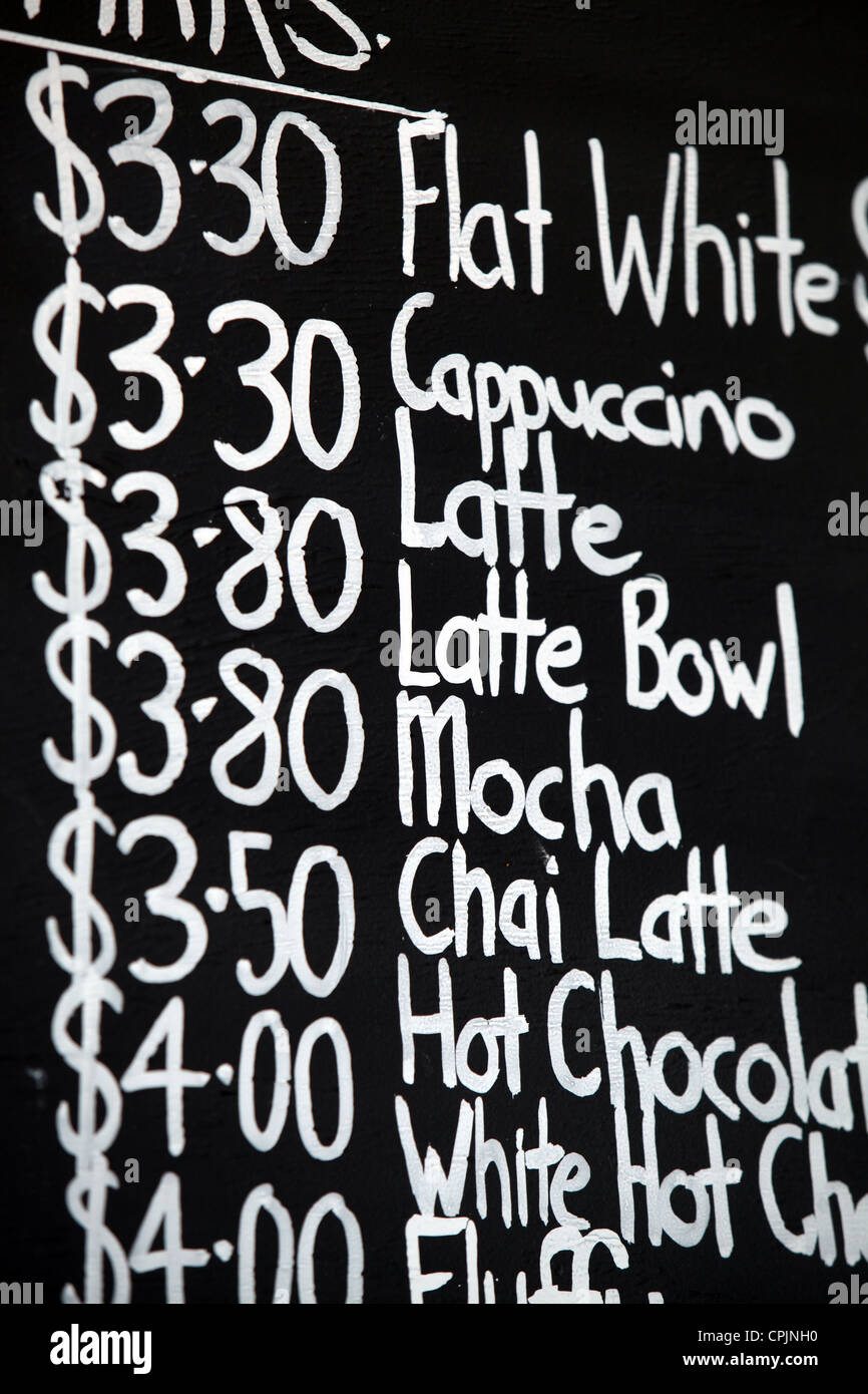 Coffee menu board at a cafe in Nelson, New Zealand Stock Photo - Alamy
