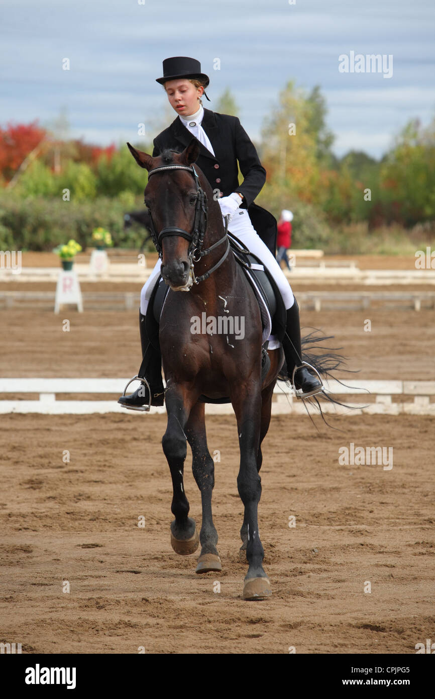 A young woman with her chestnut stallion on a dressage competition ...