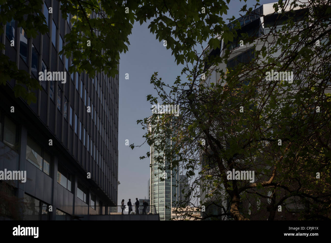 City workers stand outside on a balcony surrounded by tall office ...