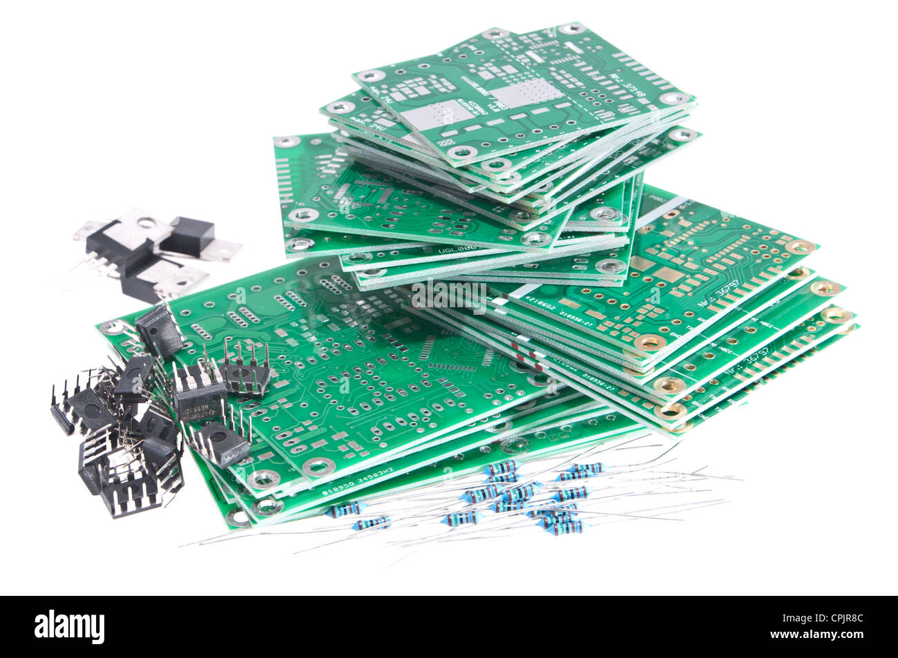 PCBs with different electronic components isolated on white background ...