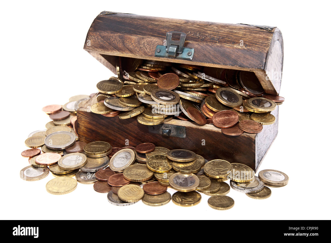 Treasure box with coins isolated on white background Stock Photo - Alamy