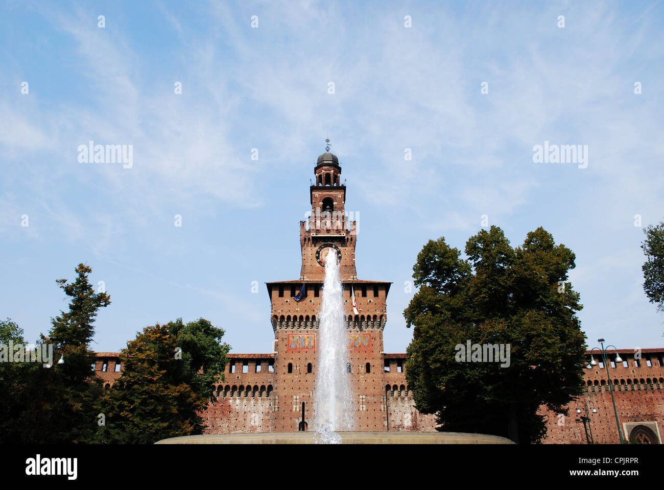 Sforza castle, main entrance at Filarete tower and fountain, Milan ...