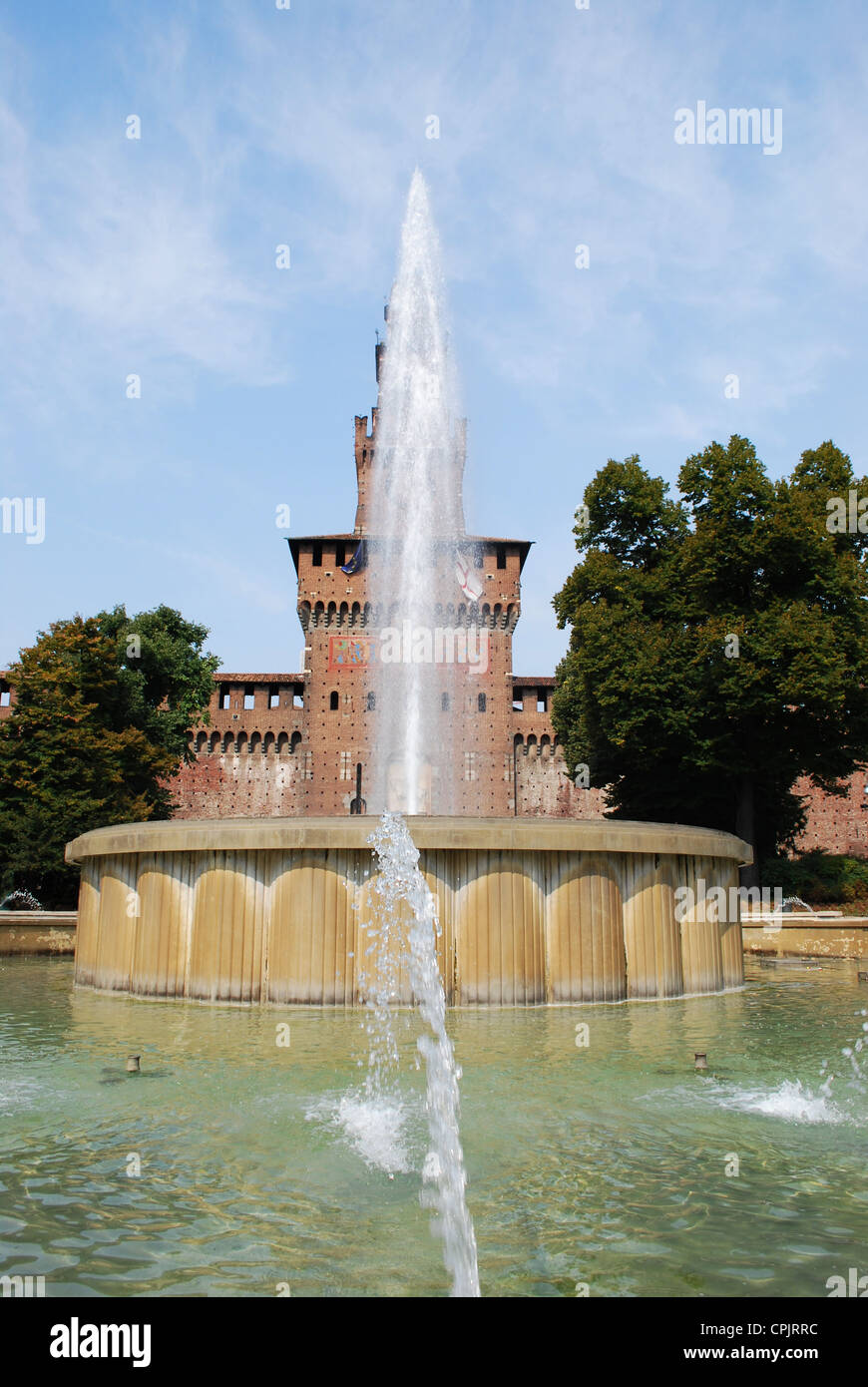 Sforza castle, main entrance at Filarete tower and fountain, Milan ...