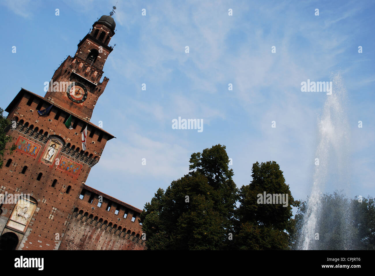 Sforza castle, main entrance at Filarete tower and fountain, Milan ...