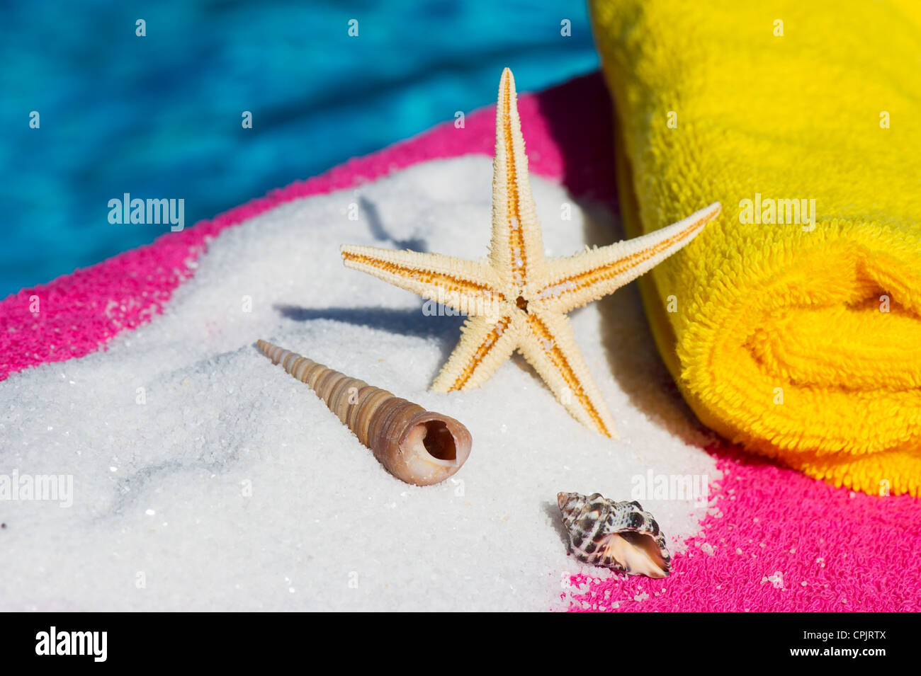 Shells and sea star with sand and towel near swimming pool Stock Photo ...