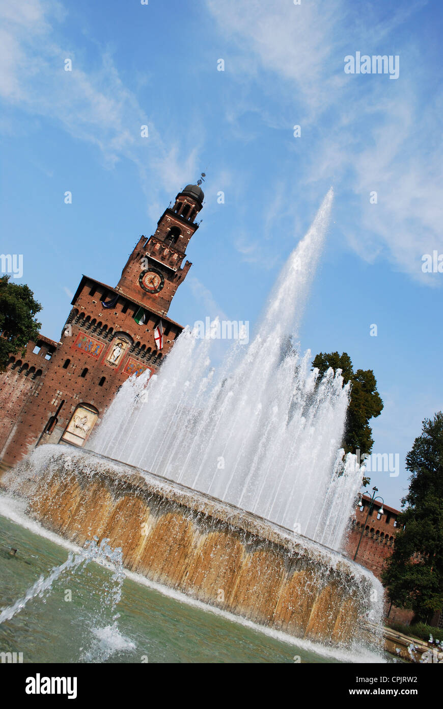 Sforza castle, main entrance at Filarete tower and fountain, Milan ...