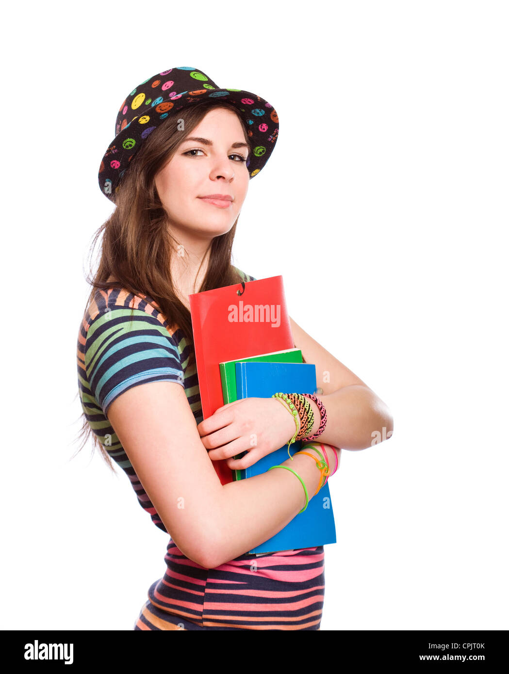 Half length portrait of a confident student girl in very colorful ...