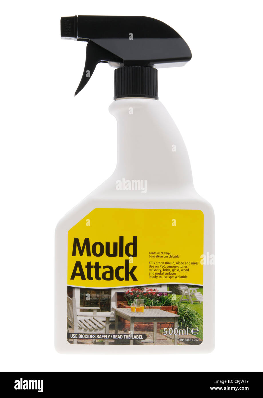 Spray bottle of mold attack on white background Stock Photo - Alamy