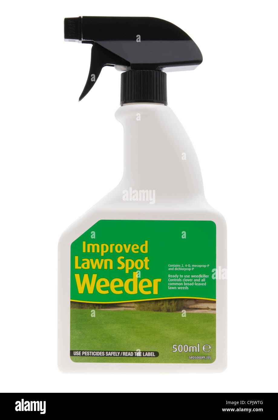 Spray bottle of lawn spot weeder on white background Stock Photo - Alamy