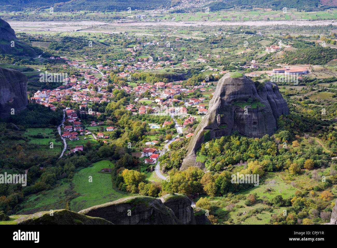 Bird's eye view of the town of Kastraki, situated at the foot of the ...
