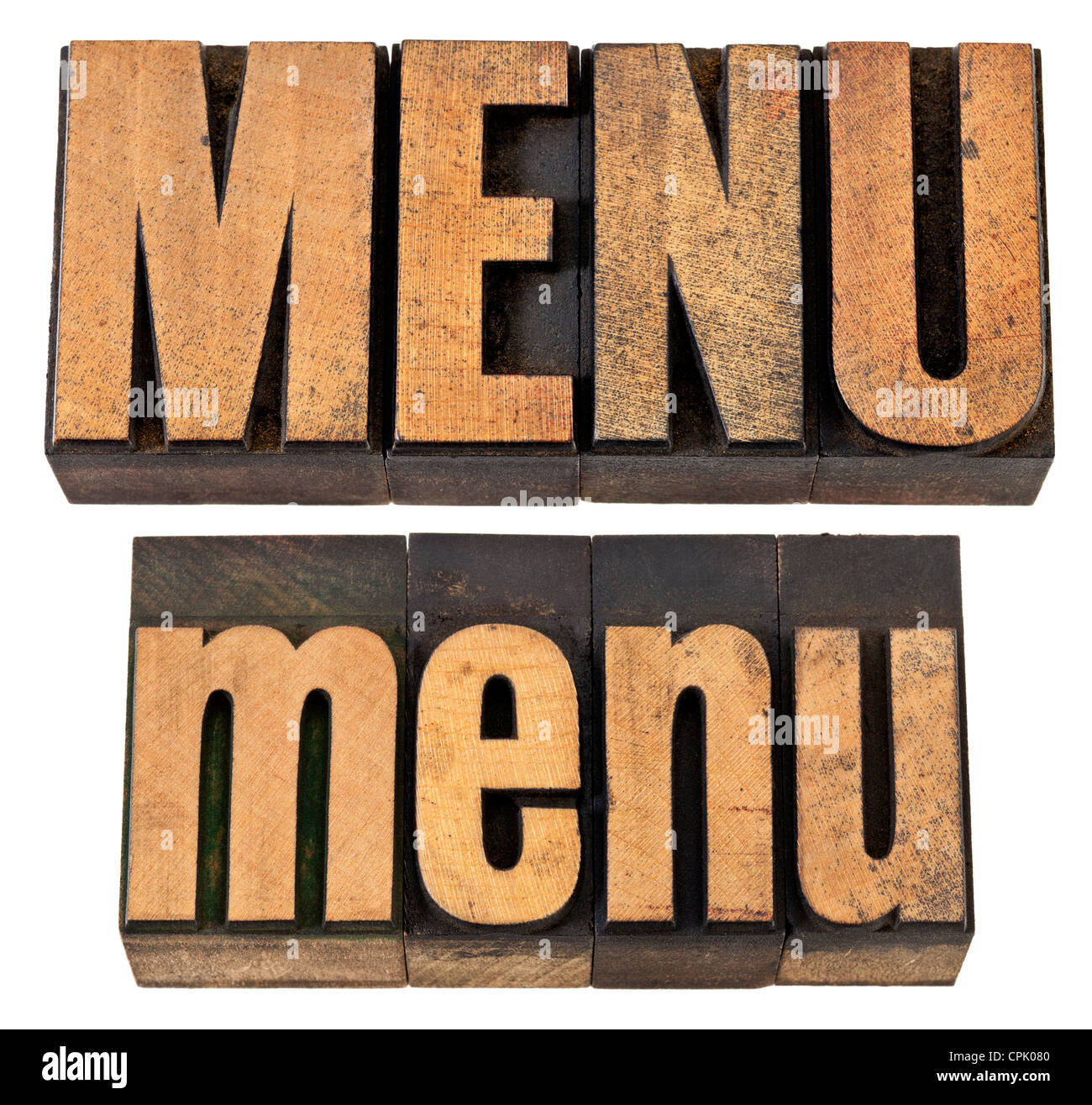 menu - isolated word in vintage letterpress wood type, upper and lower ...