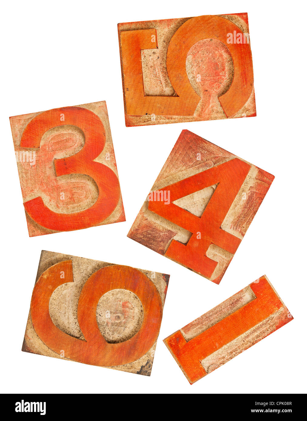 selected numbers in isolated wooden letterpress printing blocks stained ...