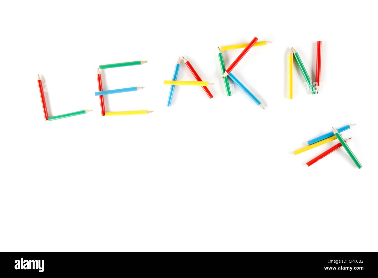 'learn' illustrated with small colouring pencils in the primary colours ...