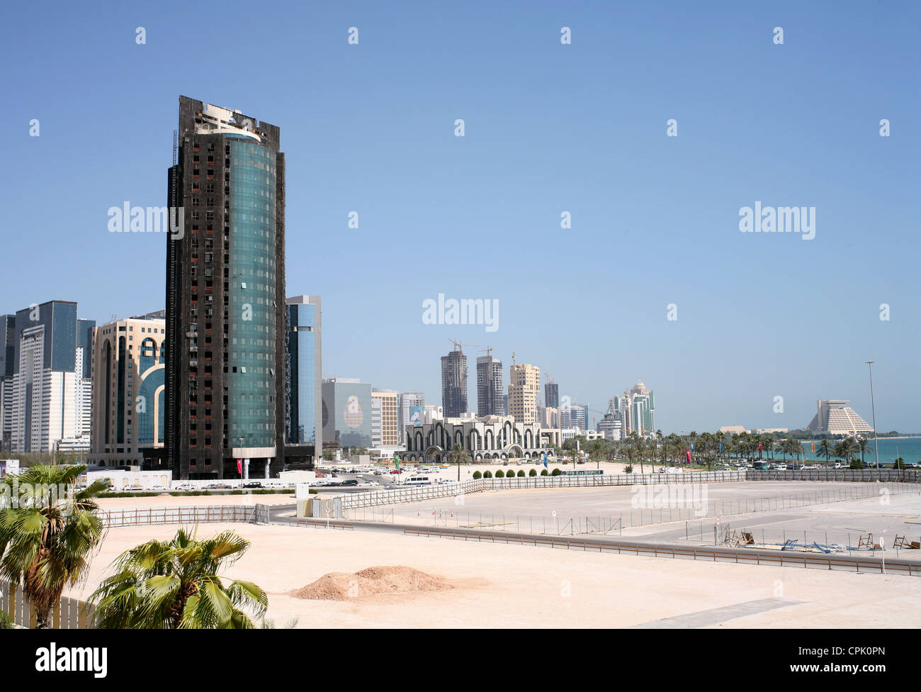 A fire-damaged tower in Doha, Qatar, in October 2006. The building ...