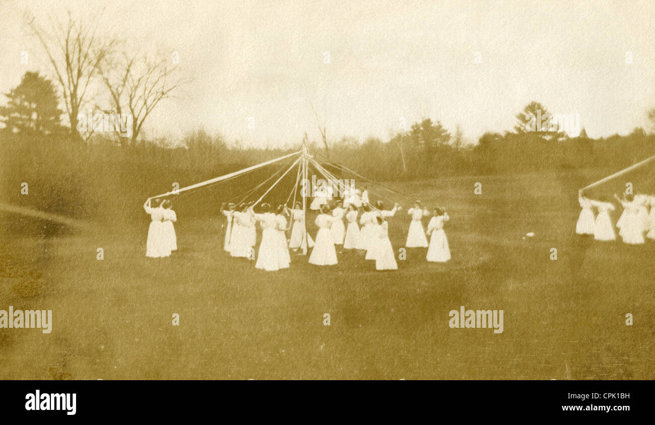 1908 photograph, dancing around the maypole on May Day at Wheaton ...