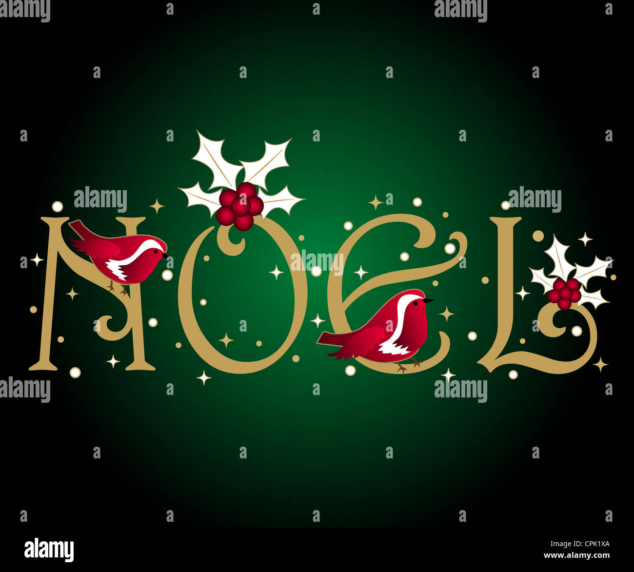 Noel wishes with holly, stars and robin Stock Photo - Alamy
