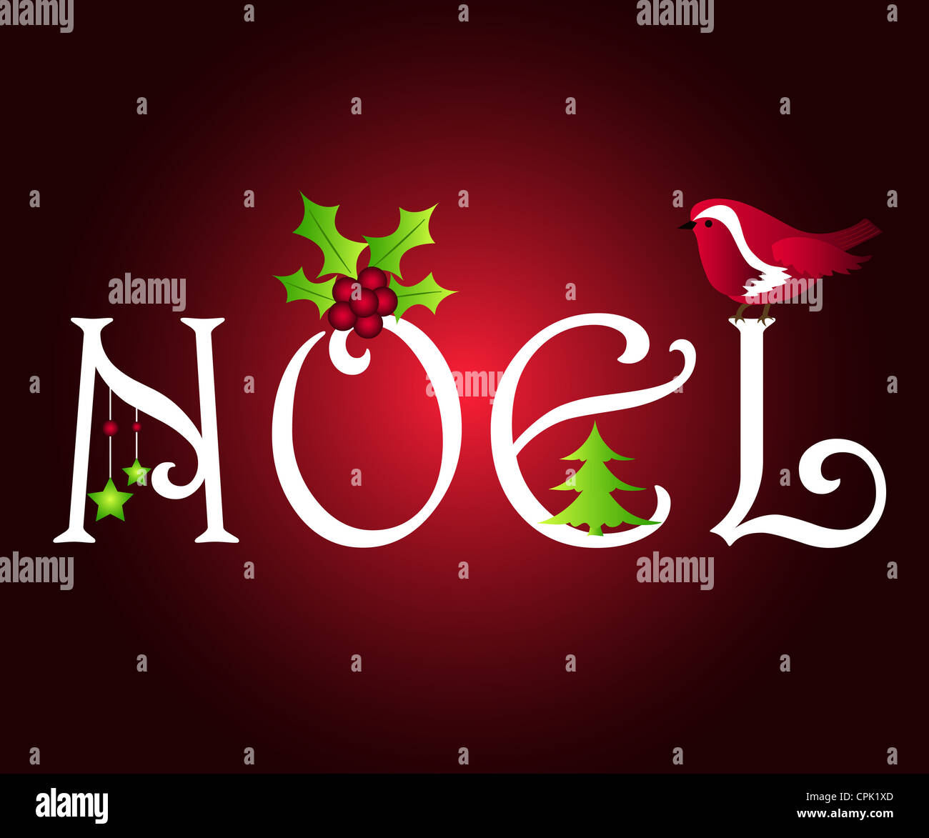 Noel wishes with tree, holly, stars and robin Stock Photo - Alamy