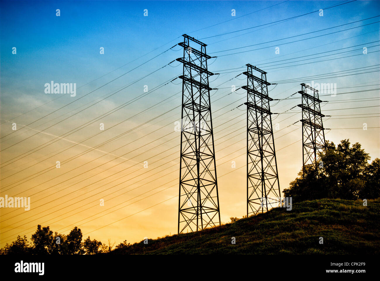 Three electrical towers with many power lines Stock Photo - Alamy