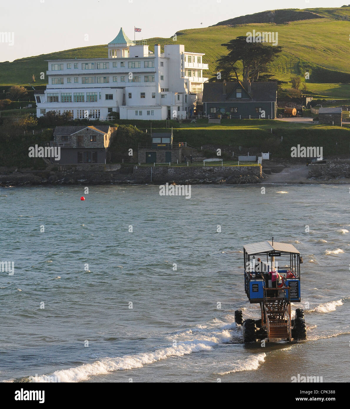 The sea tractor at Burgh Island returning passengers to Bigbury-on-Sea ...