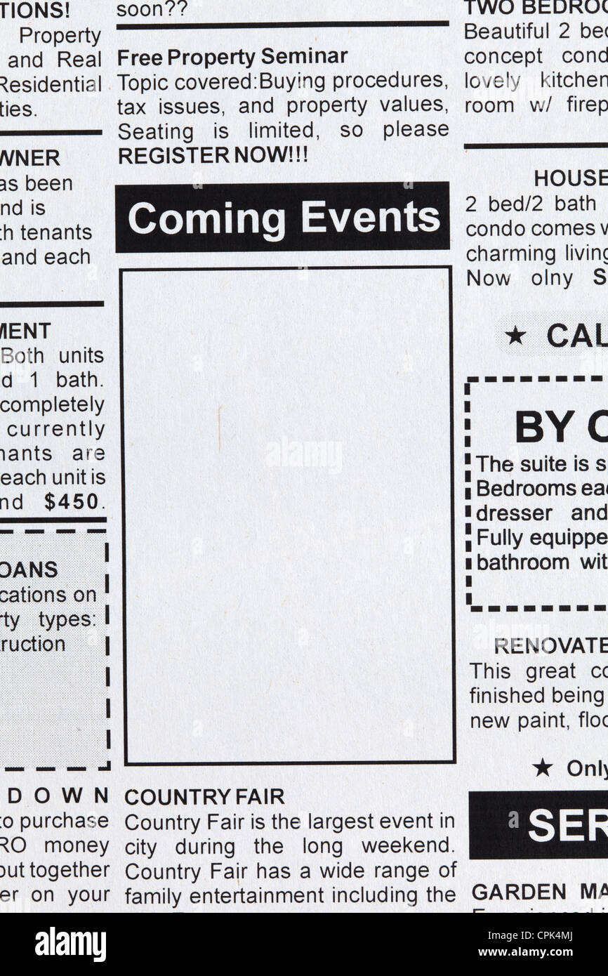 Fake Classified Ad, newspaper, Coming Events concept Stock Photo - Alamy