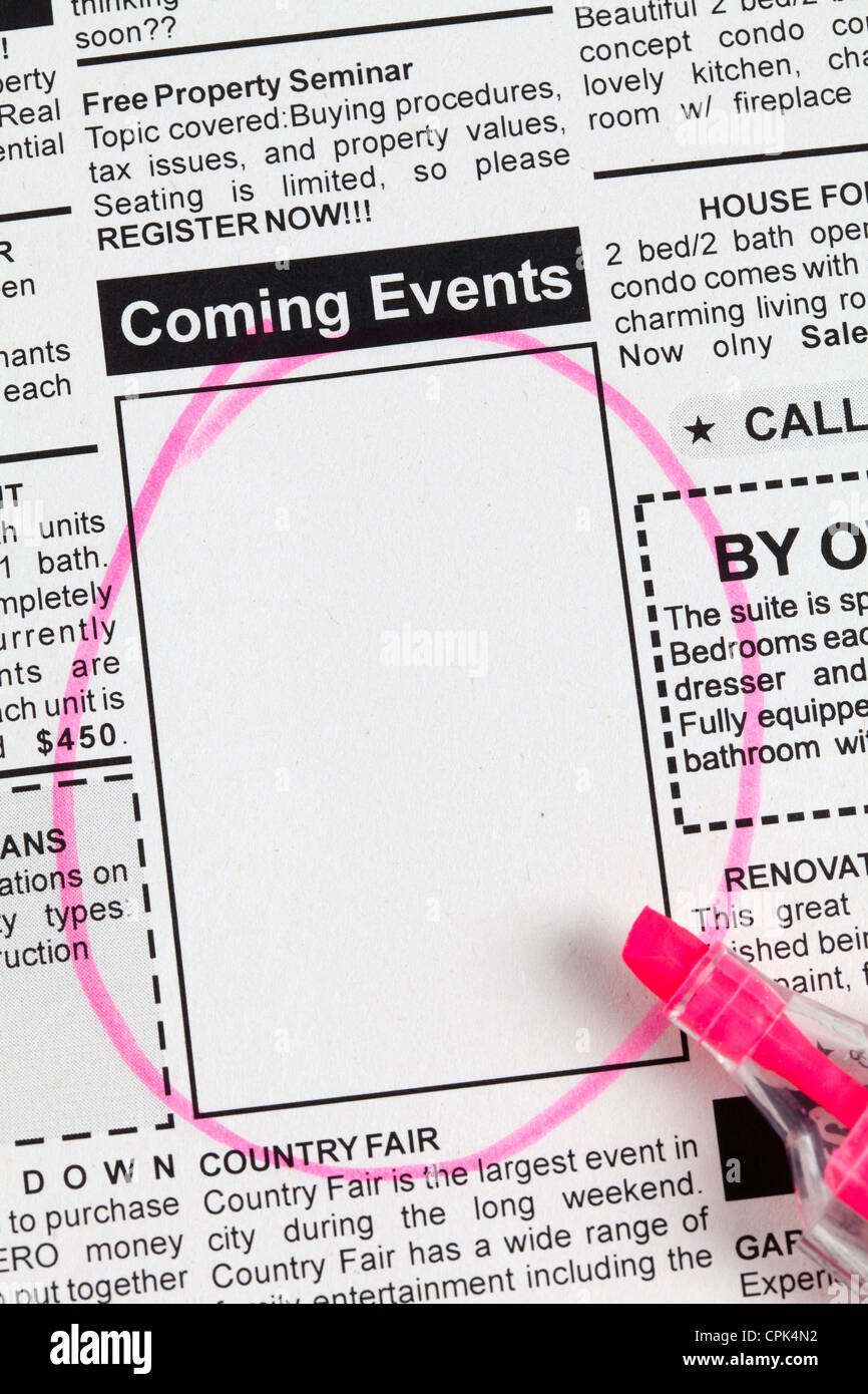 Fake Classified Ad, newspaper, Coming Events concept Stock Photo - Alamy