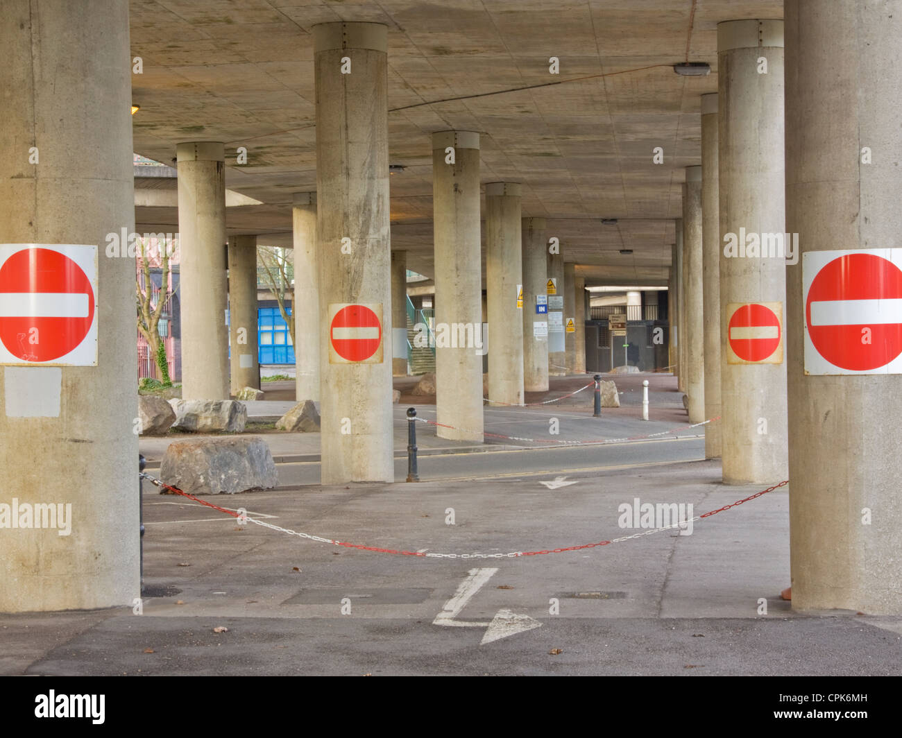 No entry signs dominating the sight lines in an urban underpass in ...