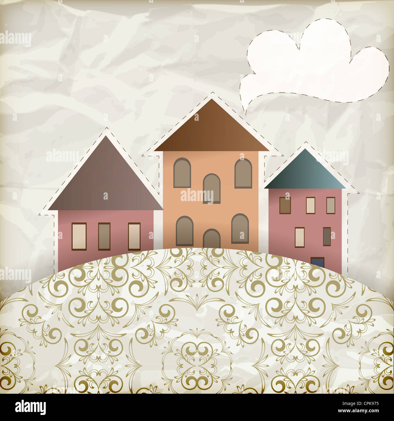retro background with vintage floral pattern and old houses, place for ...