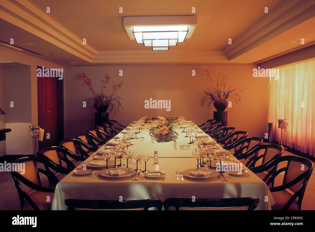 Long perspective view of empty banquet room at a luxury hotel Stock ...