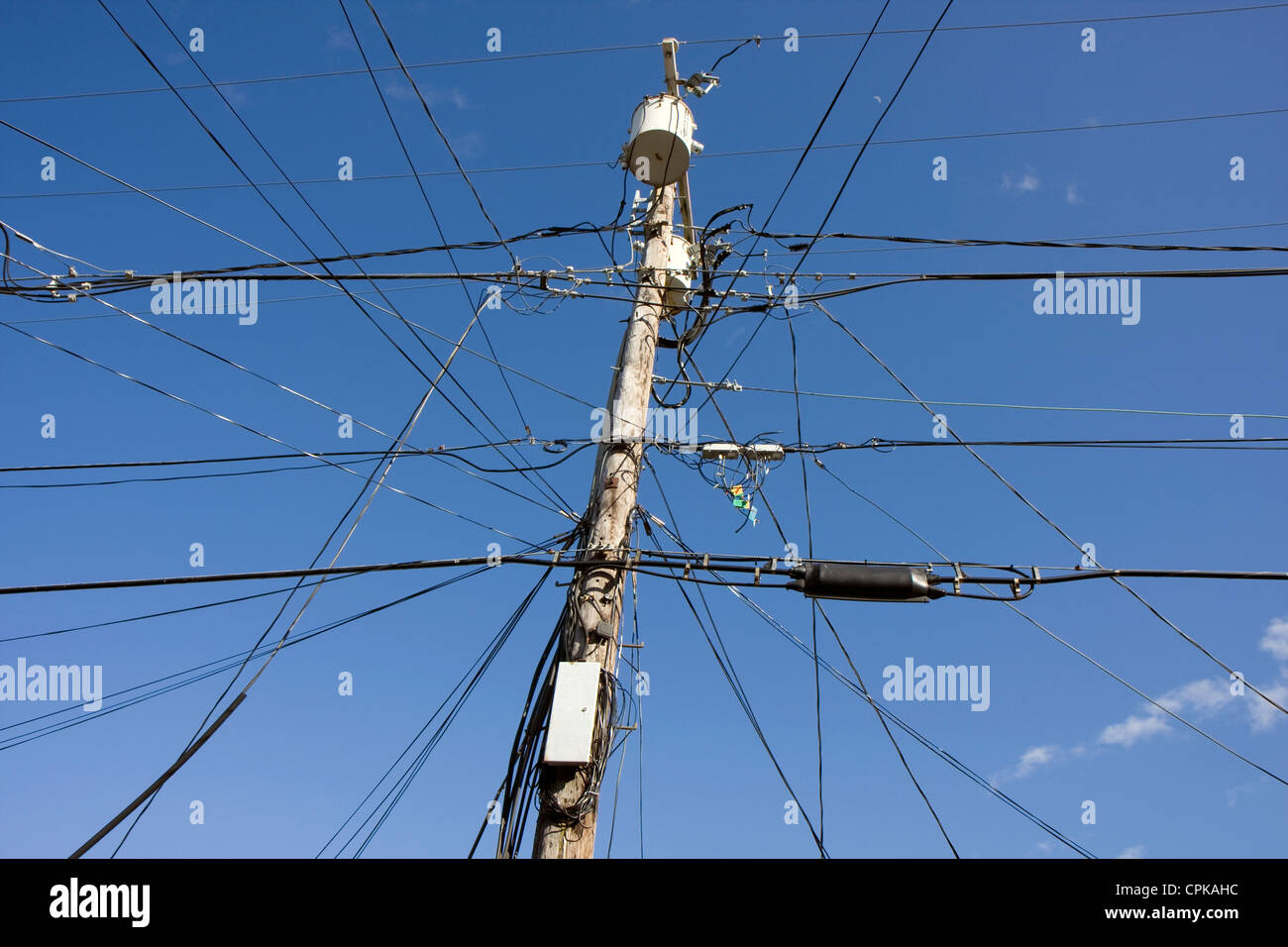 Old electrical pylon with many wires connected Stock Photo - Alamy