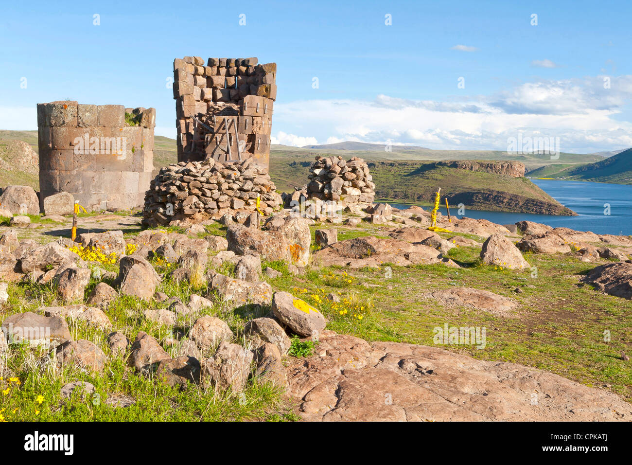 Sillustani chullpas (towers), Peru, near Titicaca lake (Puno), on the ...