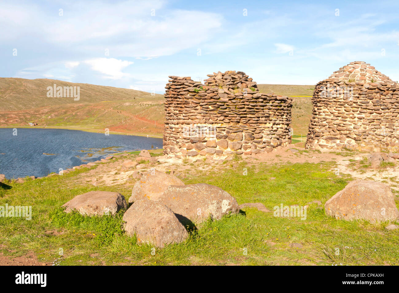 Sillustani chullpas (towers), Peru, near Titicaca lake (Puno), on the ...