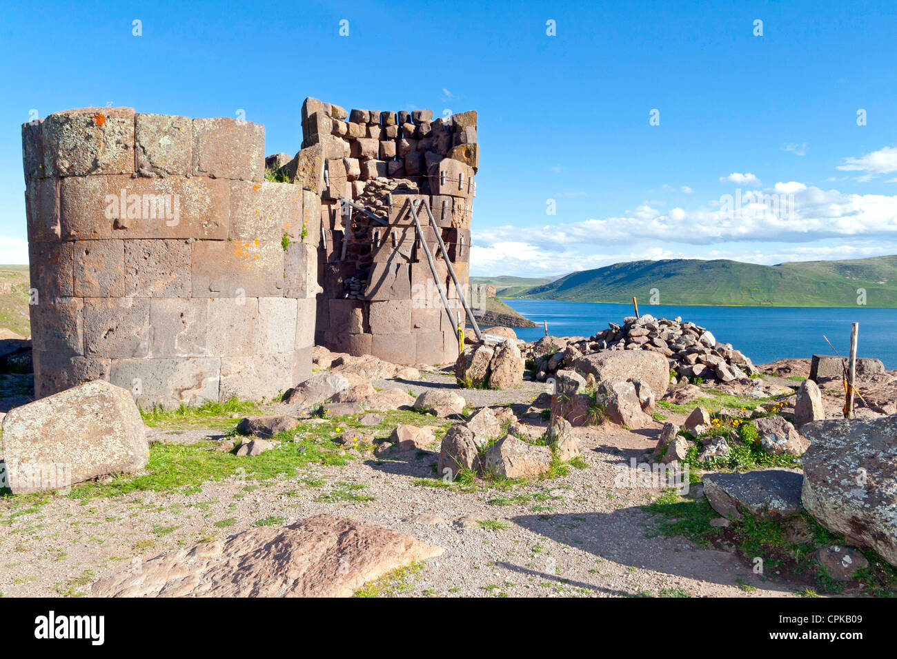Sillustani chullpas (towers), Peru, near Titicaca lake (Puno), on the ...