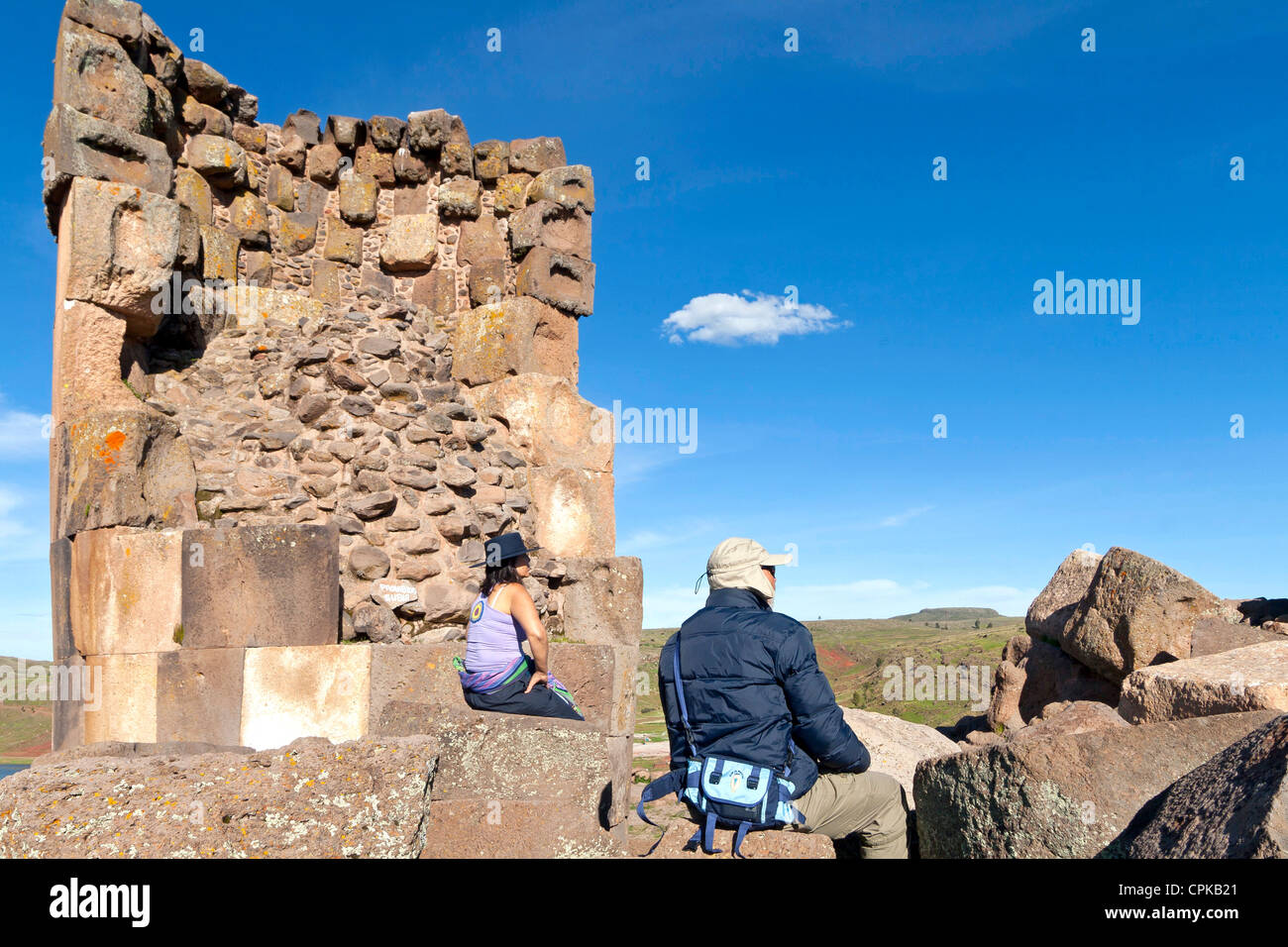 Sillustani chullpas (towers), Peru, near Titicaca lake (Puno), on the ...