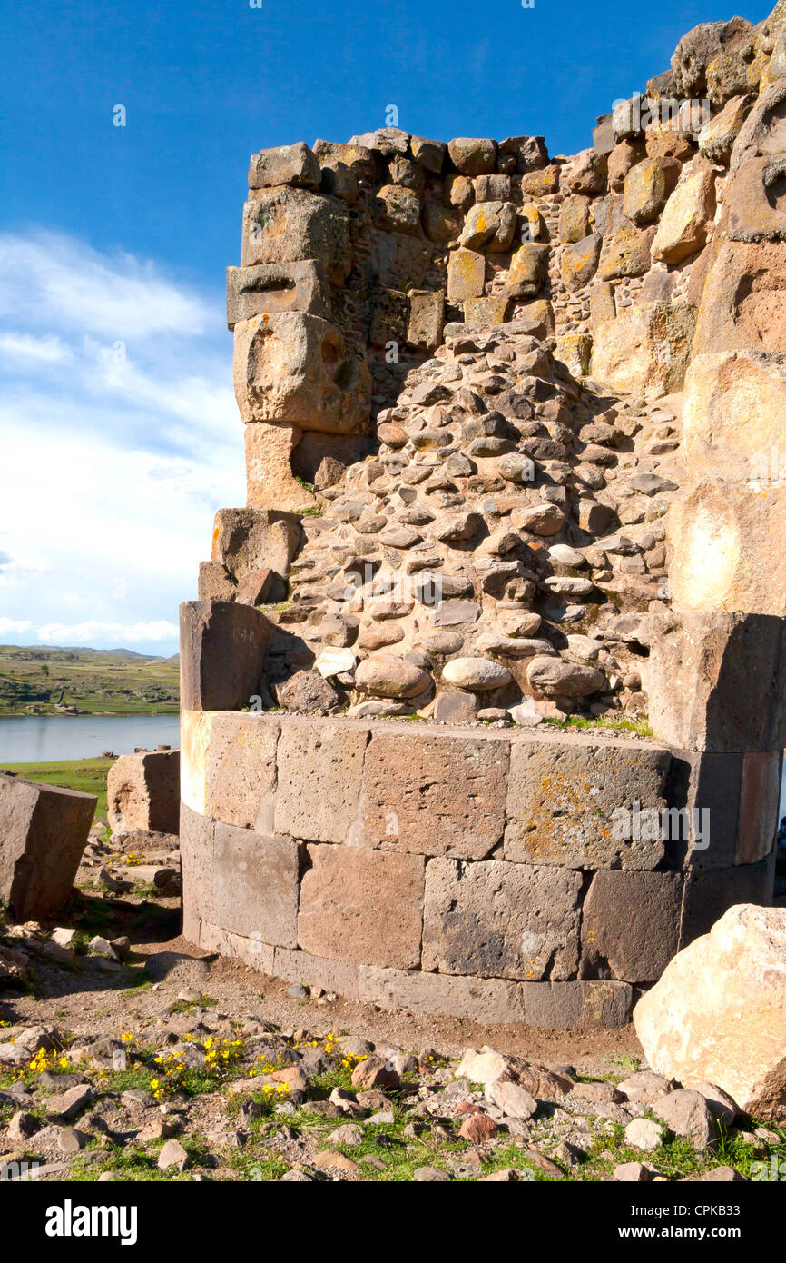 Sillustani chullpas (towers), Peru, near Titicaca lake (Puno), on the ...