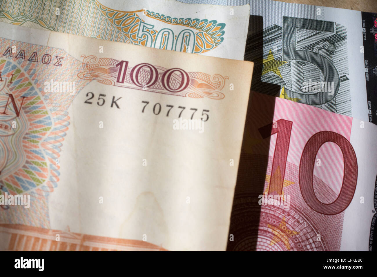 Greek drachma coins and notes with euro bills – drachmas were Greece’s ...