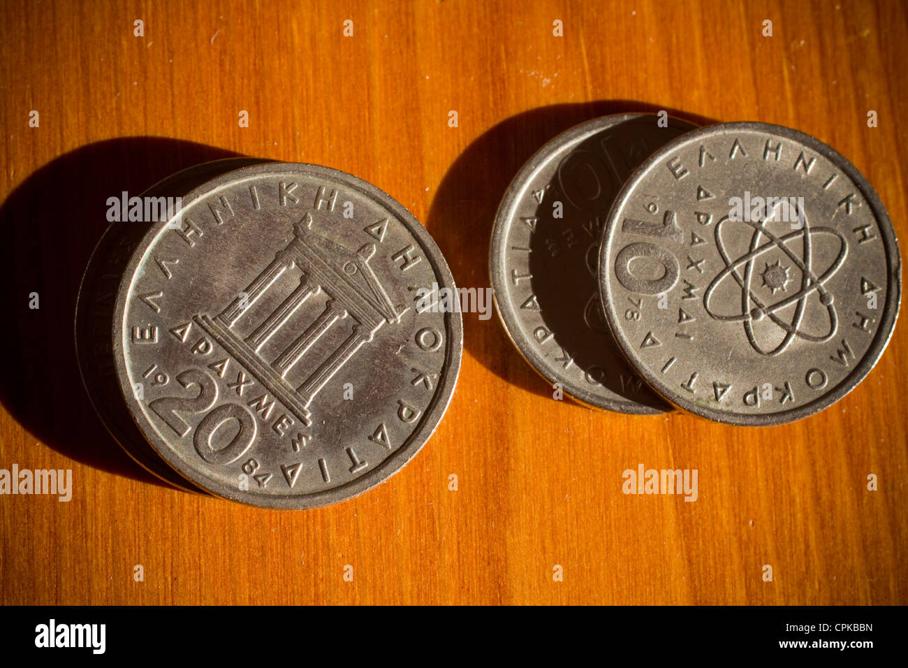 Greek drachma coins and notes – the drachma was the former currency of ...