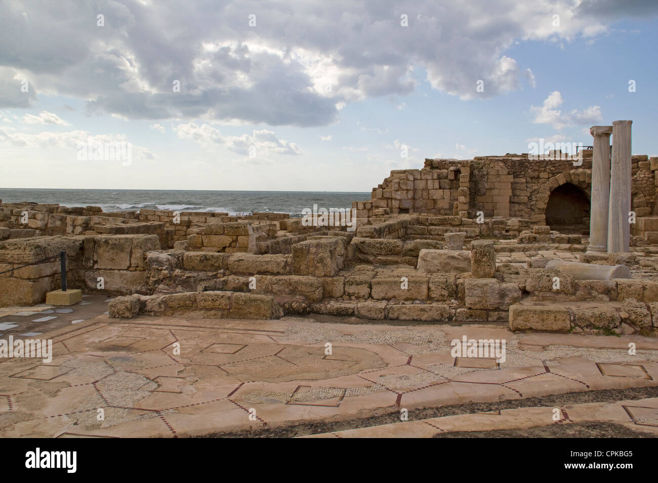 Mediterranean coast of Israel .Caesarea town ruins with ancient mosaics ...