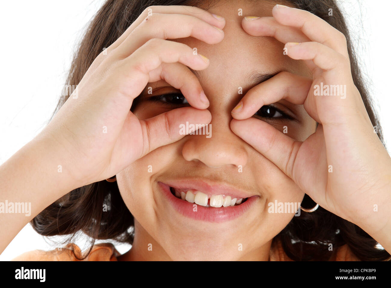 Child with fake glasses on white background Stock Photo - Alamy